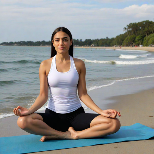 Alexandria ocasio-Cortez at the beach yoga - AI Image